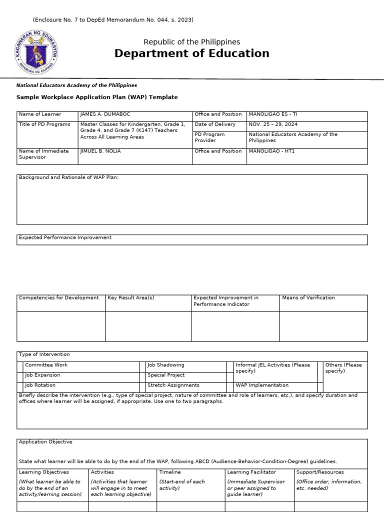 Sample Workplace Application Plan WAP Template | PDF | Cognition ...