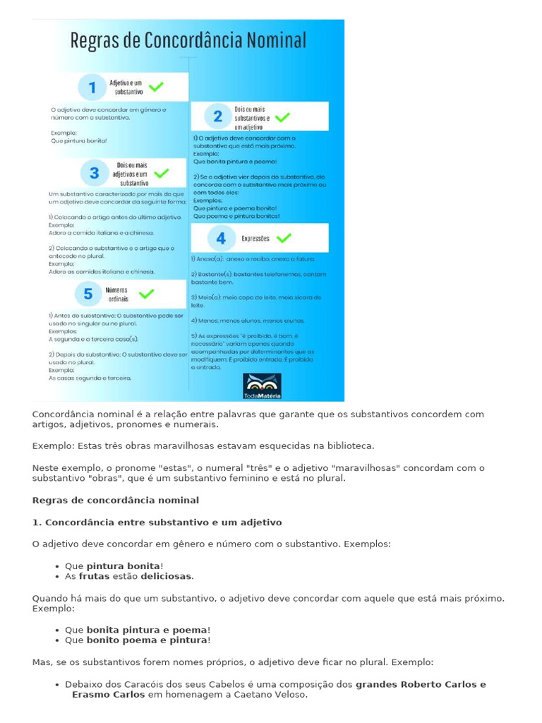 Regras De Concordância Nominal Explicadas Pdf Adjetivo Substantivo