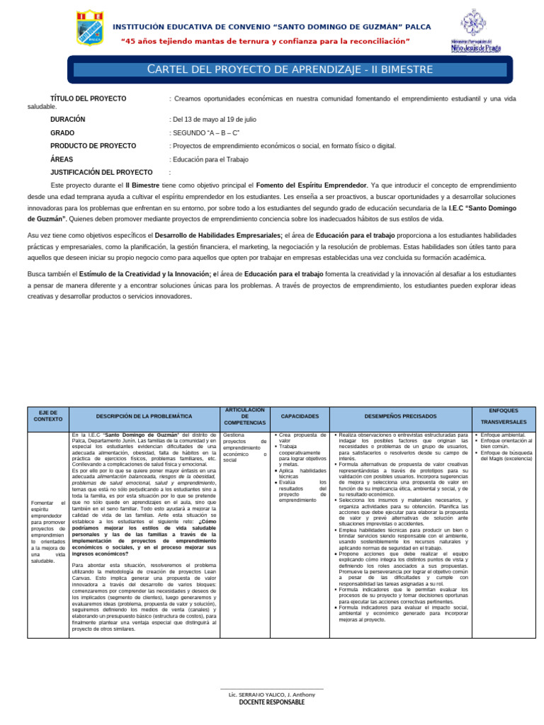 2° EPT_CARTEL DEL PROYECTO DE APRENDIZAJE_2024 | PDF | Iniciativa empresarial