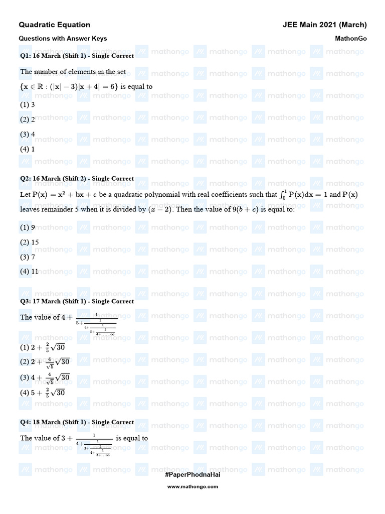 Mathongo Question Quadratic Equation Jee Main 2021 March Chapterwise 5opH5eiSazGFBeoviL2U | PDF ...