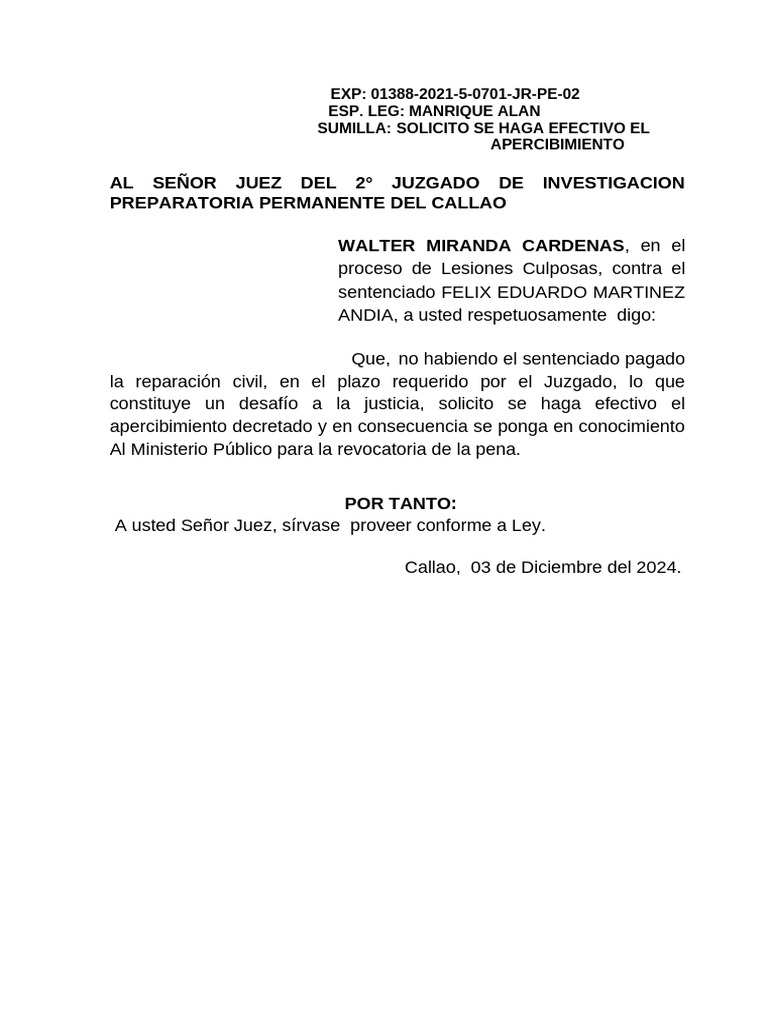 Solicito Se Haga Efectivo El Apercibimiento | PDF