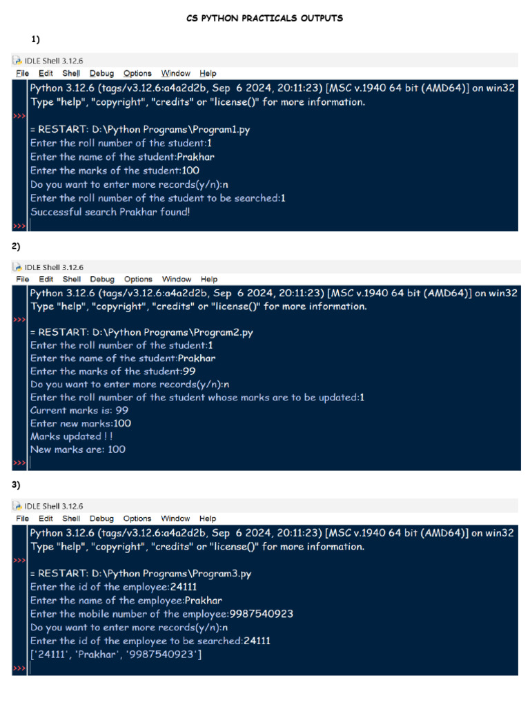 CS PYTHON PRACTICALS OUTPUTS | PDF