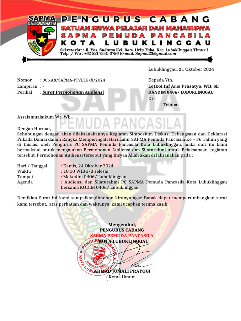 Permohonan Audiensi ke Dandim 0406 | PDF