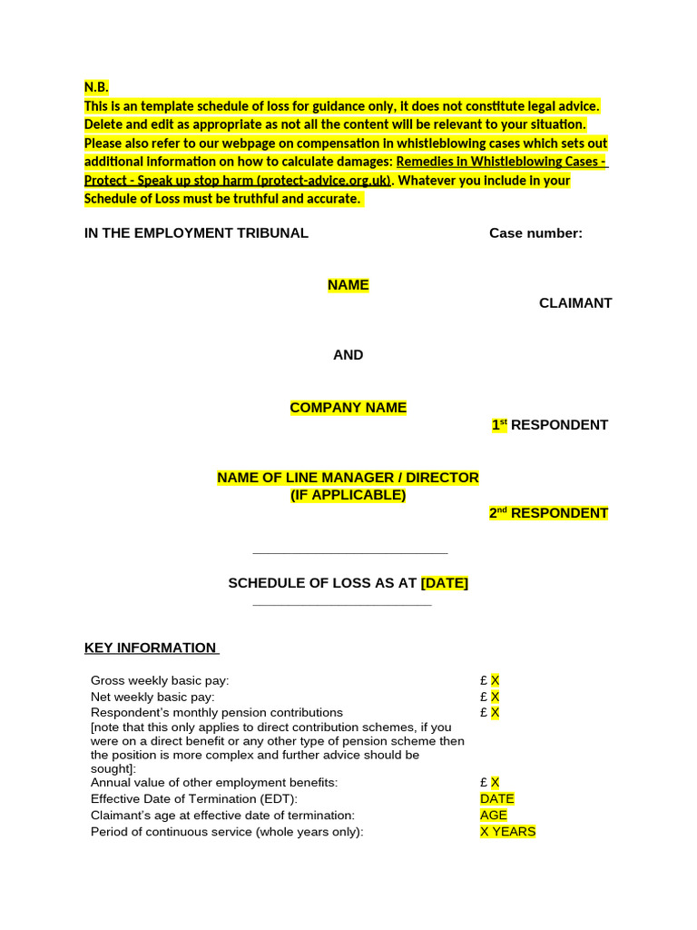 Whistleblowing Schedule of Loss Template | PDF | Damages | Pension