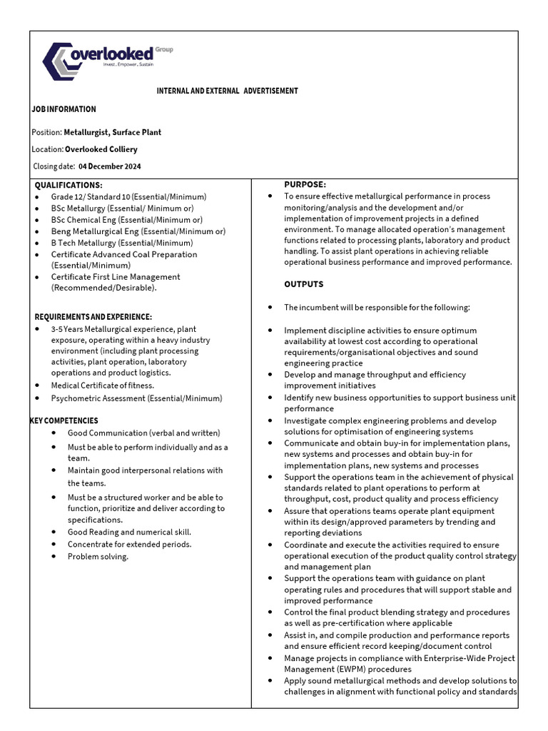 Metallurgist Job Opening at Overlooked Colliery | PDF | Metallurgy ...