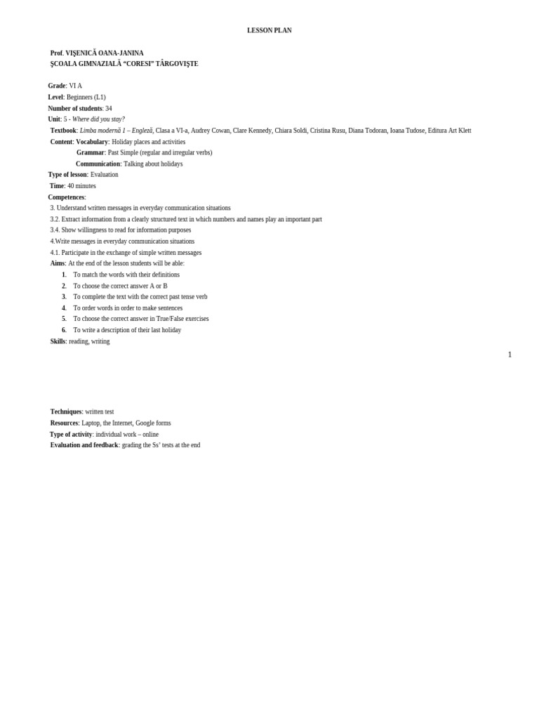 Lesson Plan Test VI A | PDF