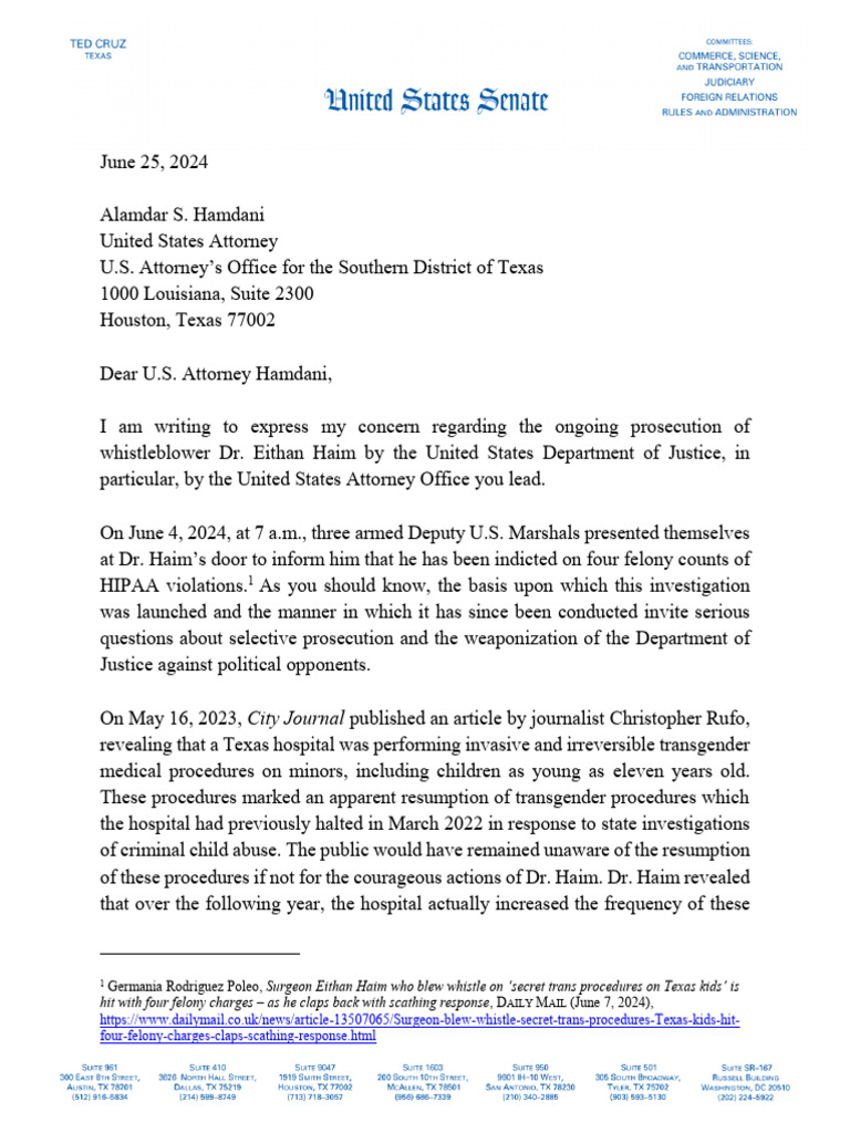 11-27-2024 - Ted Cruz Letter From June Re DR Haim Texas | PDF | Anti Abortion Movements | Social ...