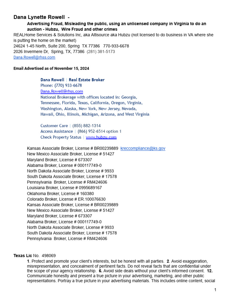 Dana Lynette Rowell Real Estate Complaint | PDF | False Advertising | Federal Trade Commission