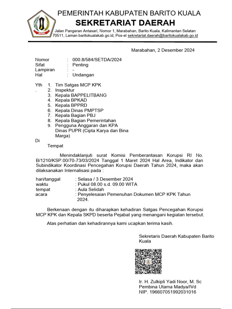 Undangan Internal MCP KPK 2024 Barito Kuala | PDF