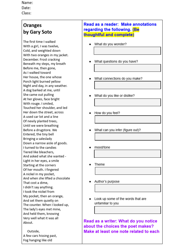 Copy of Oranges, by Gary Soto (2024-2025) | PDF | Poetry