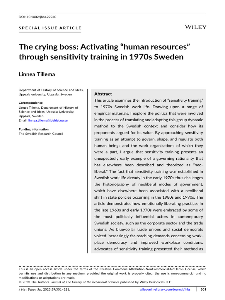 J History Behavioral Science - 2023 - Tillema - The Crying Boss Activating Human Resources ...