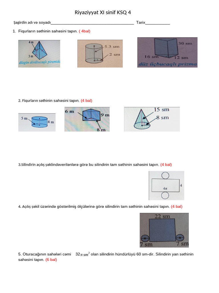 Riyaziyyat XI Sinif KSQ 4 (Yeni Balilə) | PDF