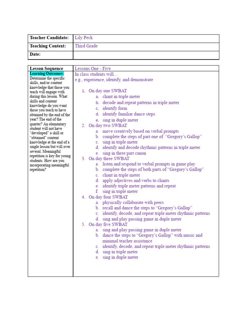 5 Sequential Lesson Plans 3rd Grade | PDF | Ragtime | Performing Arts
