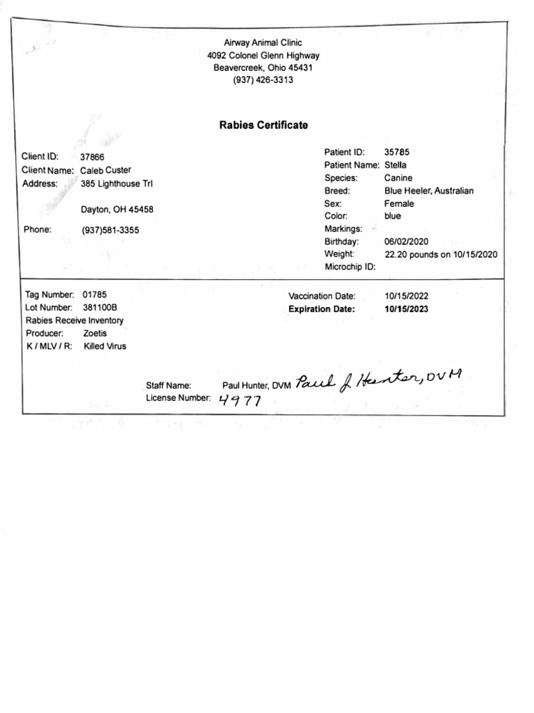 Stella Rabies Cert | PDF