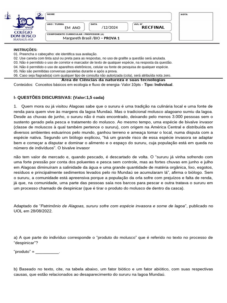 Rec. Prova1.1 e 3 Ano.2024 | PDF | Ecologia | Vida