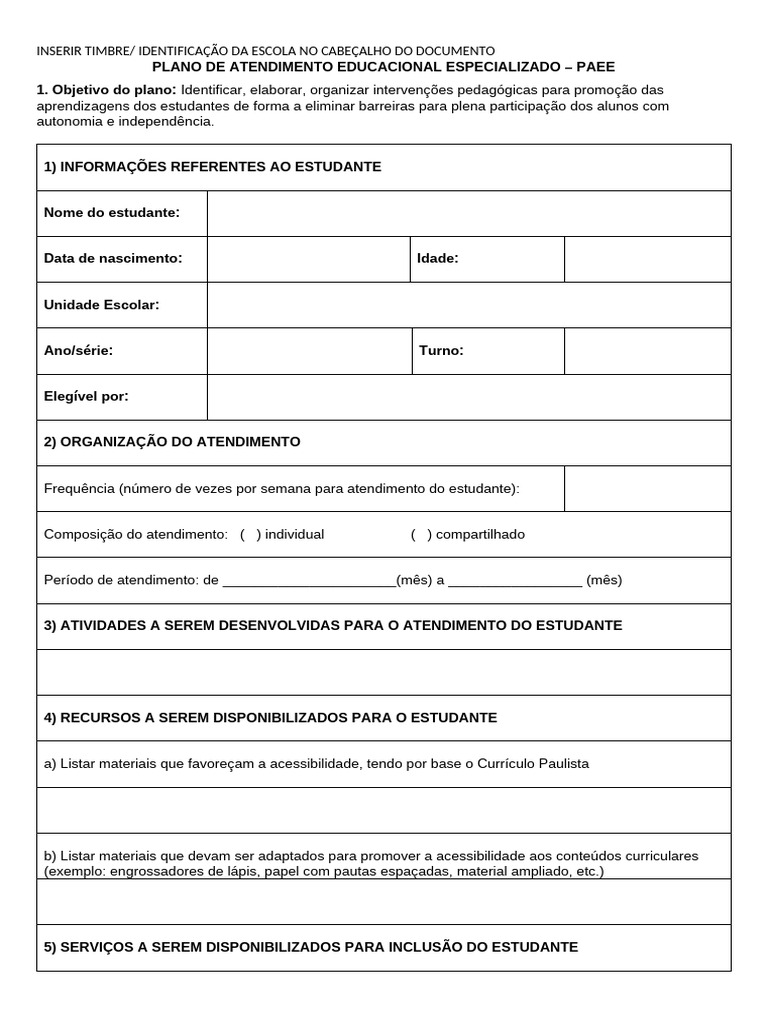 Modelo de PAEE Editável para Escolas | PDF