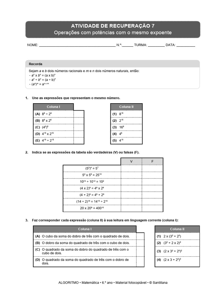 SANTILLANA MAT6 AtividadesRecuperacao 07 | PDF