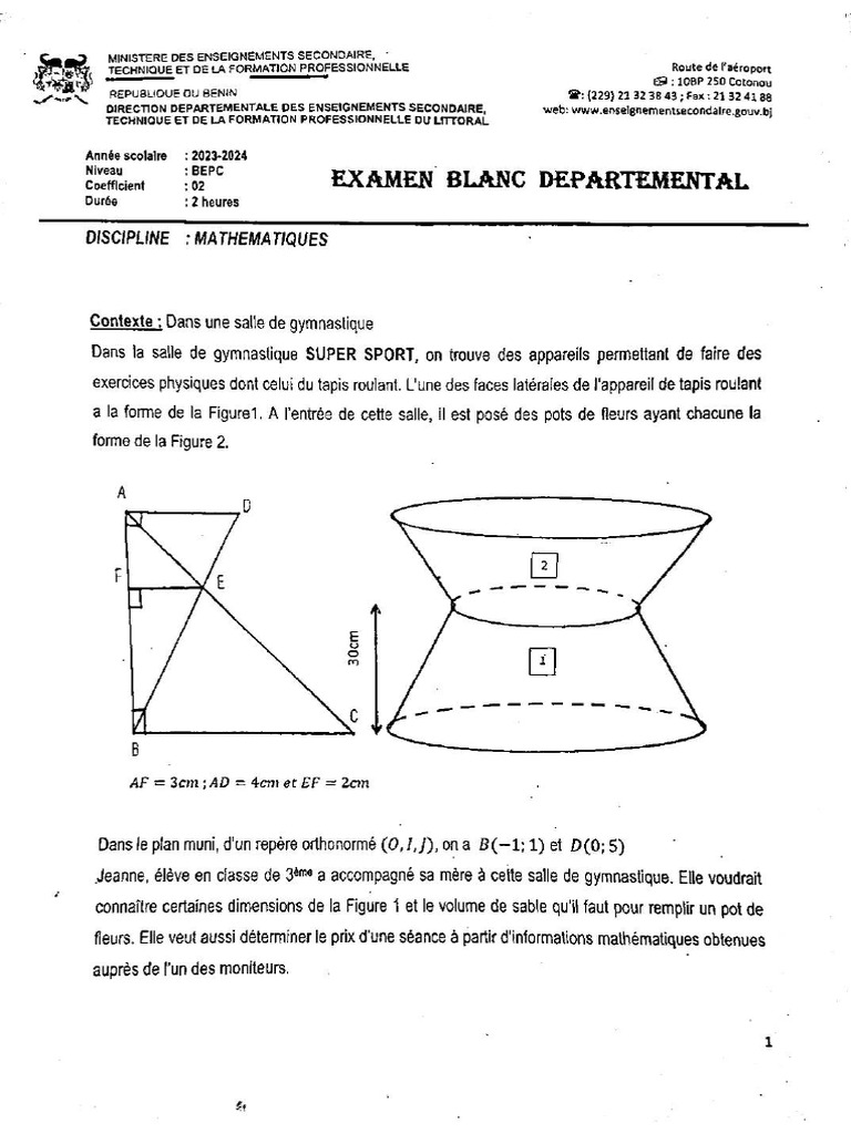 Bepc Blanc 2024 Mathematiques Départemental Du Littoral | PDF
