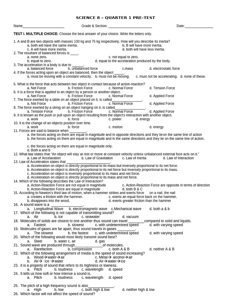 Science 8 Quarter 1 Pre-Test Questions | PDF | Force | Sound