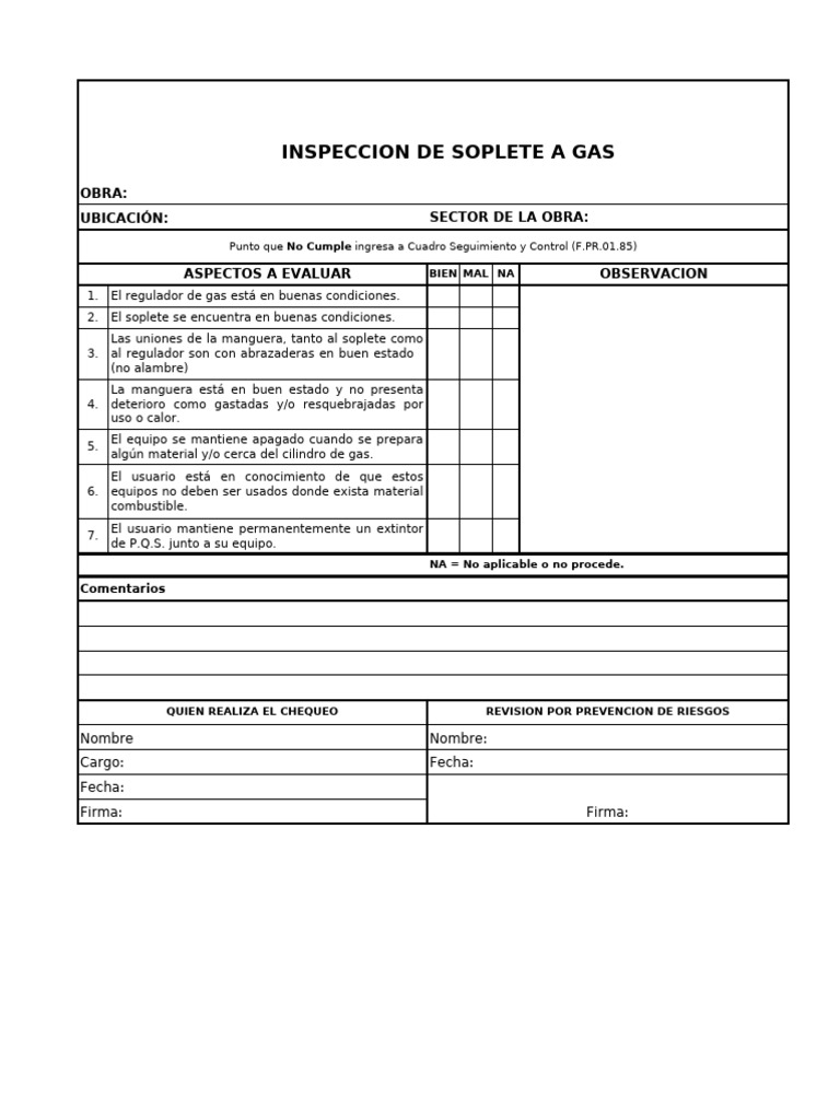 F PR 01 30 Lista de Chequeo Inspeccion Soplete A Gas | PDF