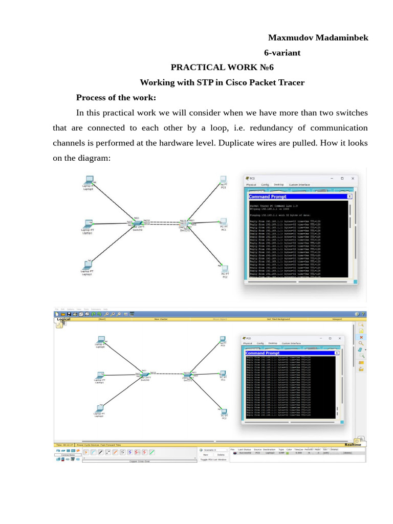 Maxmudov Madaminbek 6-Variant Practical Work 6 Working With STP in Cisco Packet Tracer Process ...