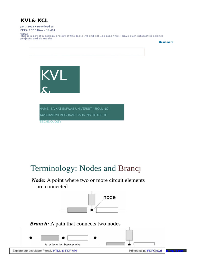 Www Slideshare Net SaikatBiswas95 Kvl Kcl 255187109 (1) | PDF | Electrical Network | Voltage