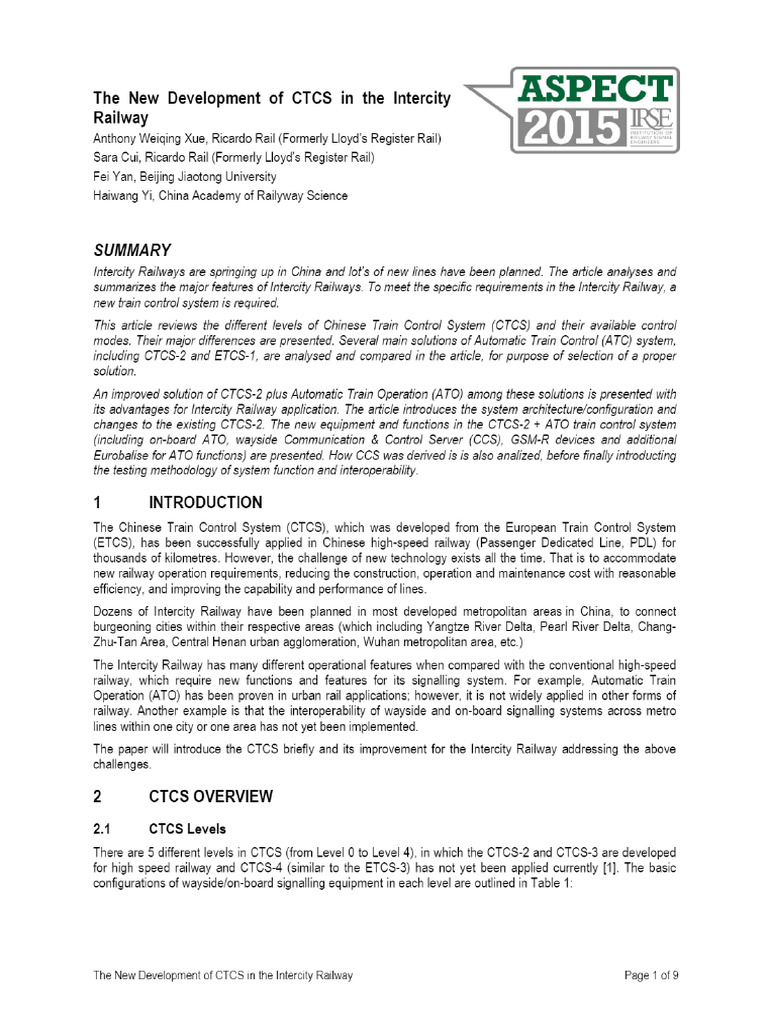 The New Development of CTCS in The Intercity Railway SUMMARY 1 INTRODUCTION 2 CTCS OVERVIEW. 2.1 ...