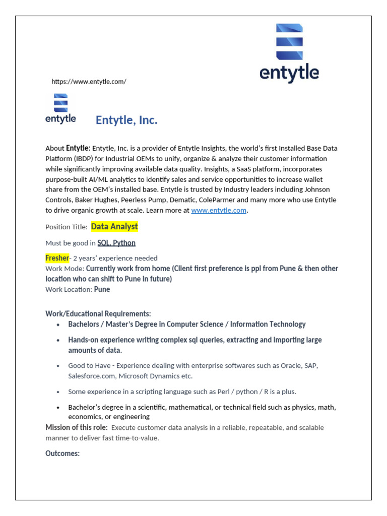 Entytle_ Data Analyst_JD | PDF | Data Analysis | Data