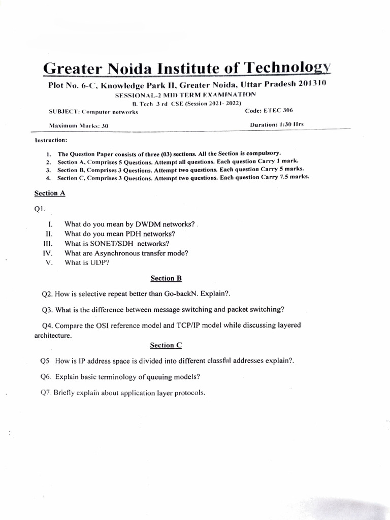 B.Tech Computer Networks Midterm Exam | PDF