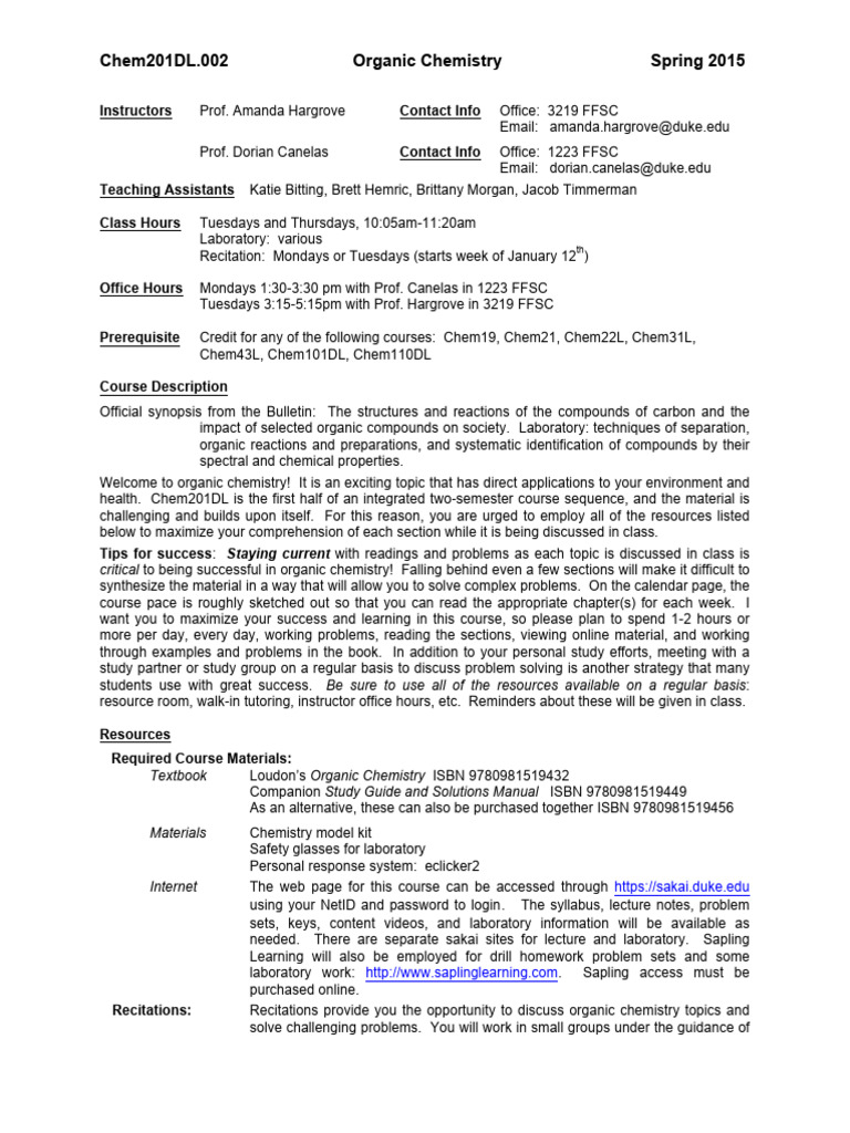 Chem201 002 Spring15 Syllabus | PDF | Alkene | Ether