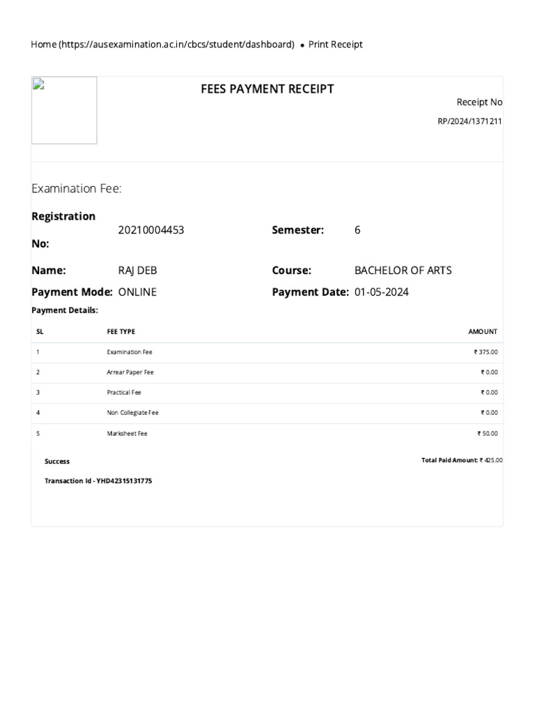 BA Exam Fee Payment Receipt | PDF