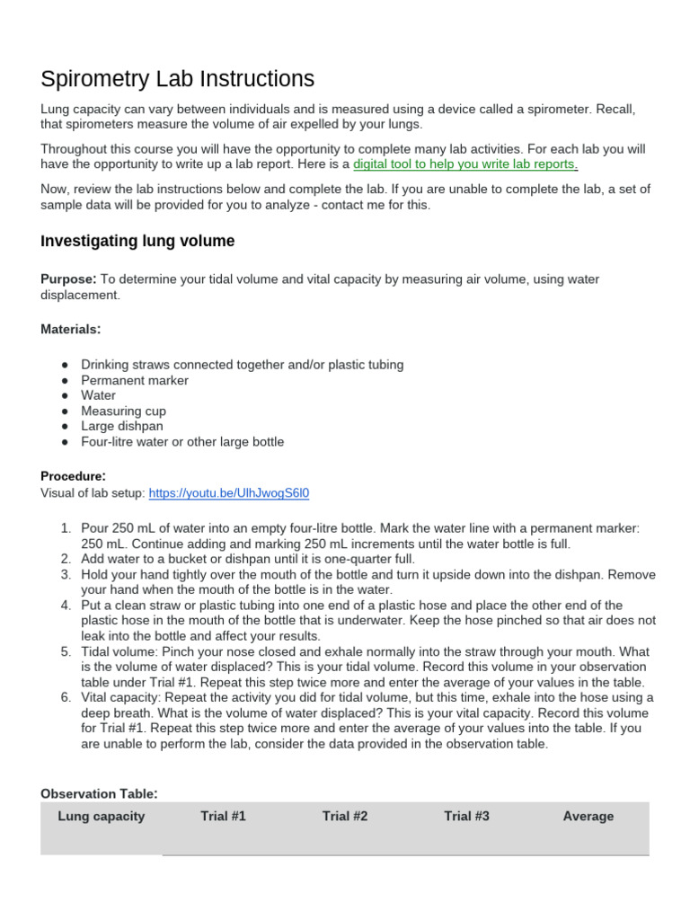 Spirometry Lab Instructions | PDF | Respiration | Respiratory System