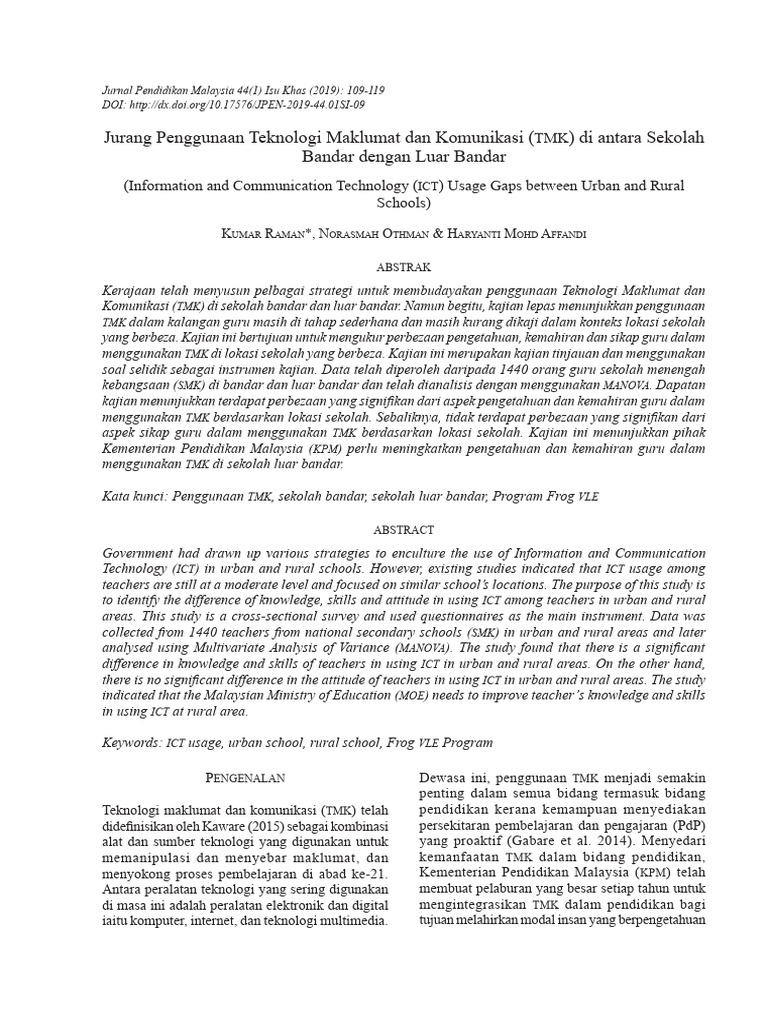 (2019) Maklumat dan Komunikasi (TMK) antara Sekolah Bandar dan Luar Bandar (Information ...