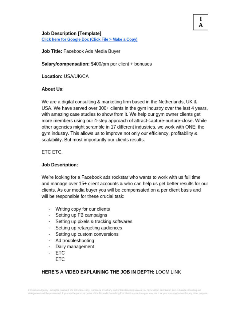 Job Description (Template) - Imperium Agency | PDF | Computing