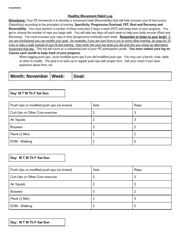 Copy of Healthy Movement Habit Log - PE participation | PDF | Sports ...