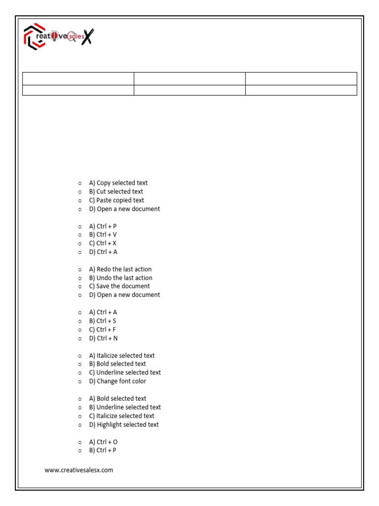 Quiz Shortcut Keys of Ms Office | PDF | Microsoft Excel | Microsoft Word