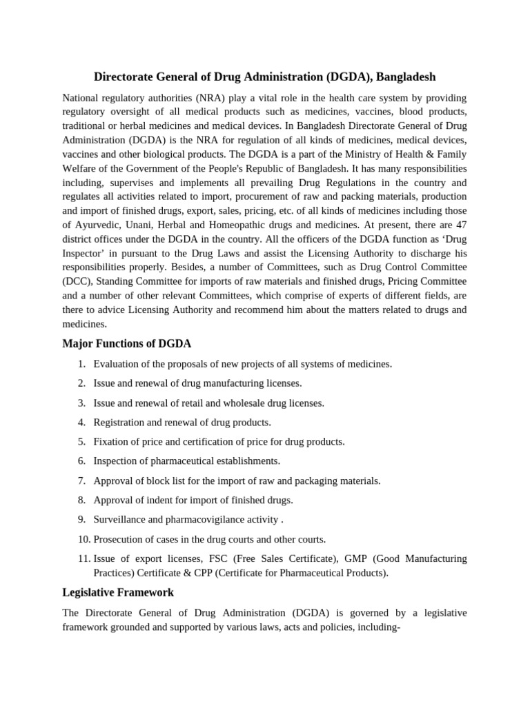 Directorate General of Drug Administration (DGDA), Bangladesh (1) | PDF | Food And Drug ...