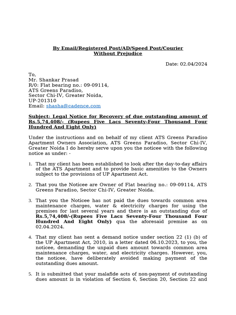 Legal Notice for Outstanding Dues Recovery | PDF | Public Law | Private Law