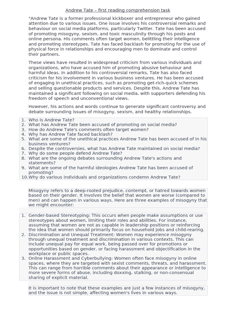 Andrew-Tate-reading-comprehension - 2 3 | PDF | Misogyny | Sexism