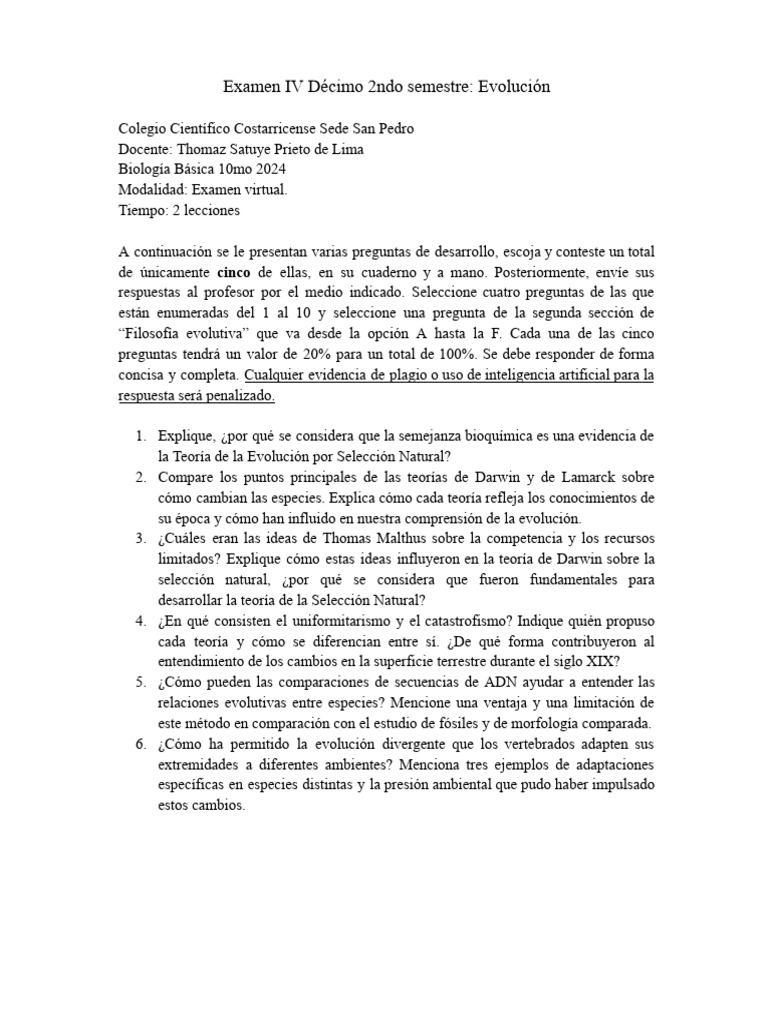 Examen de Biología: Evolución 10mo 2024 | PDF | Evolución | Biología ...