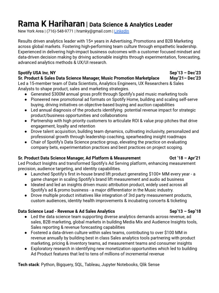 Rama Hariharan Resume 2024 | PDF | Analytics | Marketing Strategy