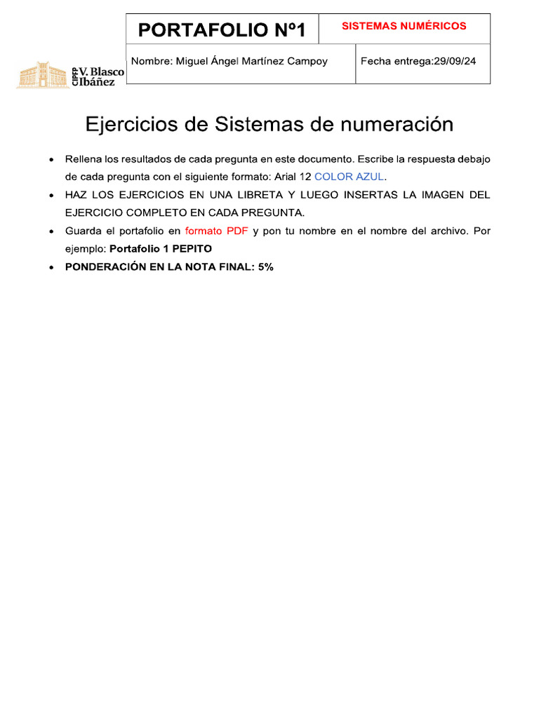 Ejercicio - Sistemas de Numeración - 1 de 8 | PDF