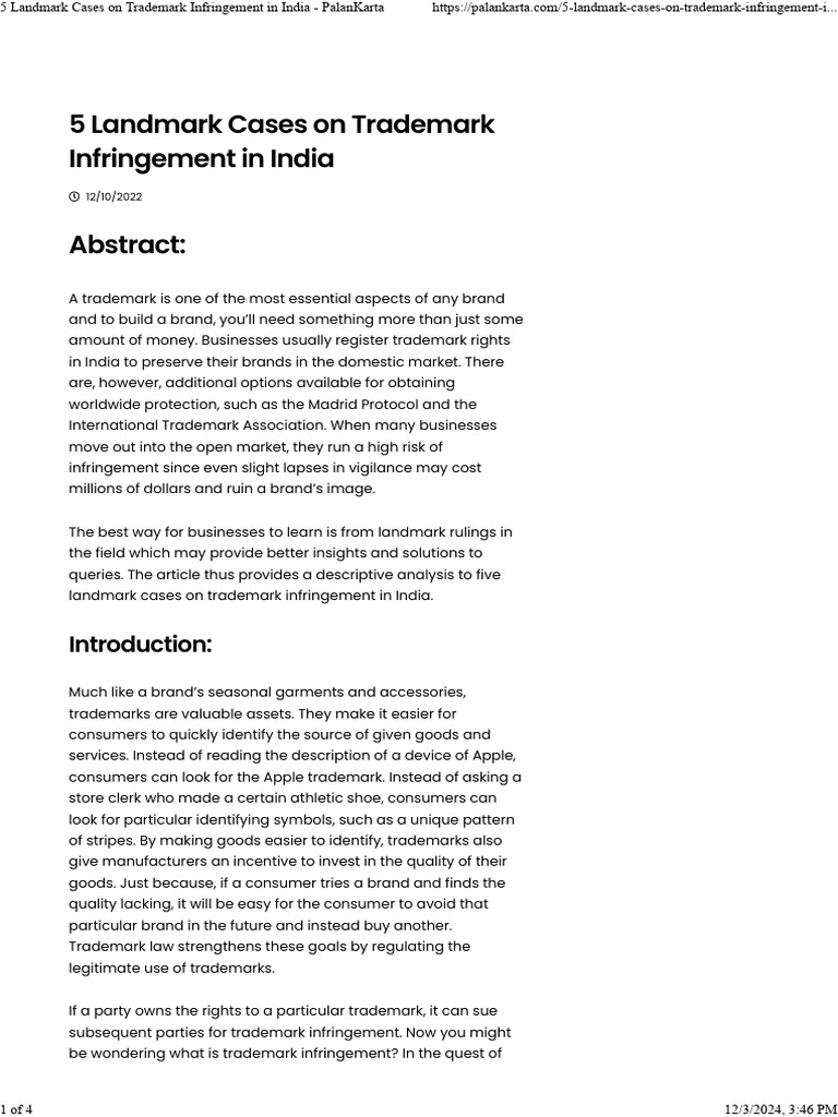 5 Landmark Cases On Trademark Infringement in India - PalanKarta | PDF ...