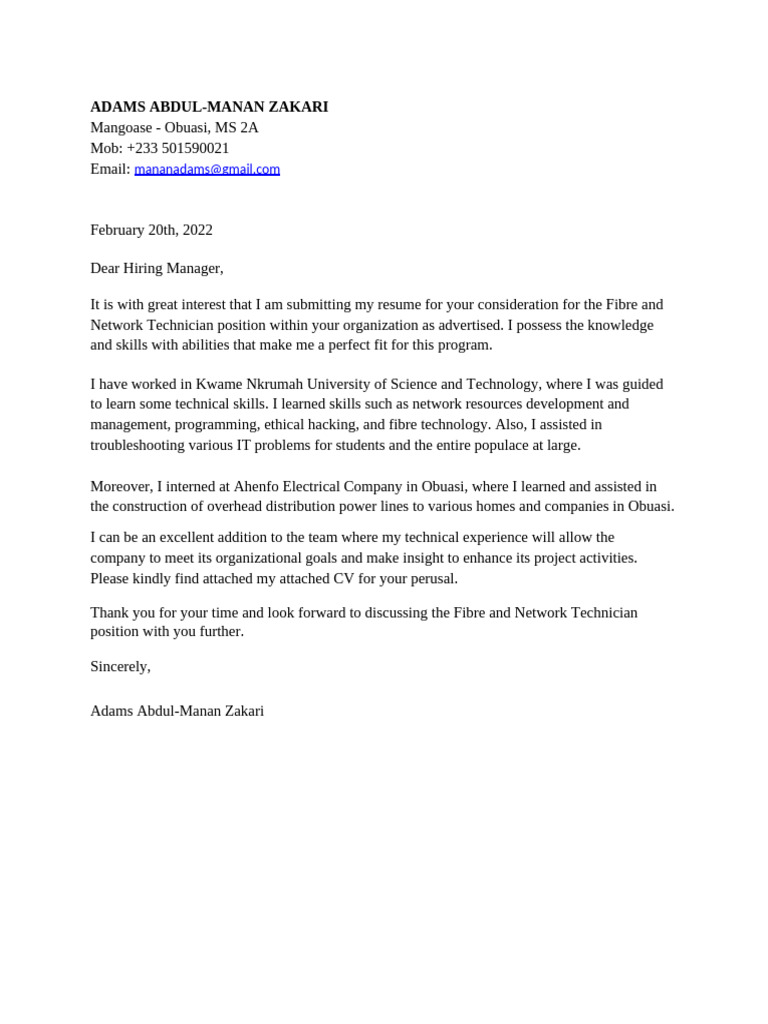Adams Abdul-Manan Cover Letter | PDF