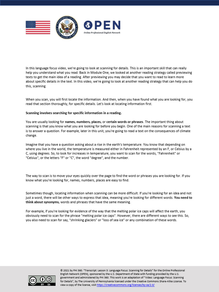 Transcript Lesson 3 Language Focus Scanning for Details | PDF | Fahrenheit | Cognitive Science