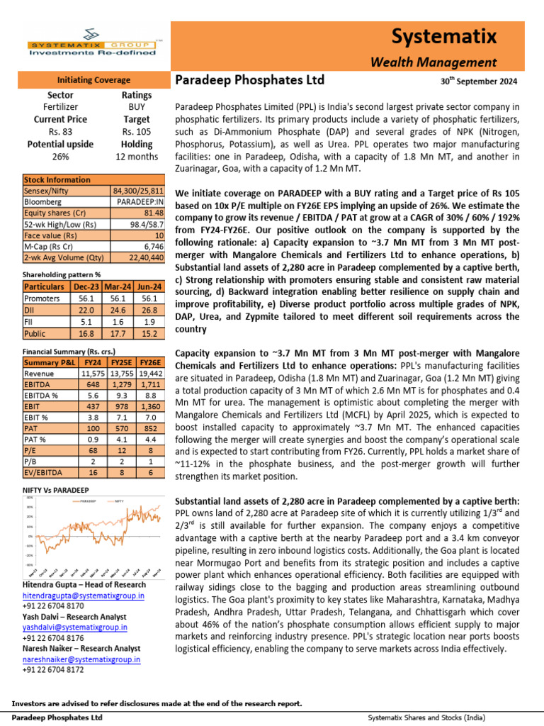 Paradeep Phosphates: Buy Rating & Growth | PDF | Fertilizer | Mergers ...