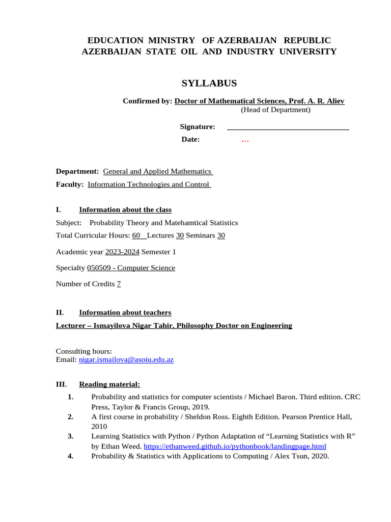 Probability & Statistics Syllabus | PDF | Probability Distribution ...