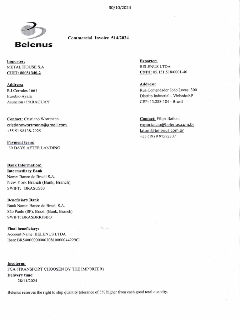 Commercial Invoice 514.2024 - Metal House - Via Cli | PDF | Banking