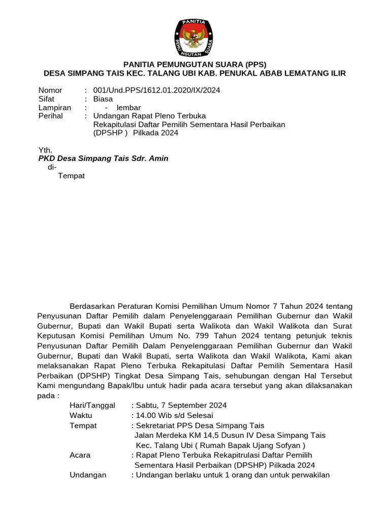 Draft Undangan DPSHP SP TAIS 7-9-2024 | PDF