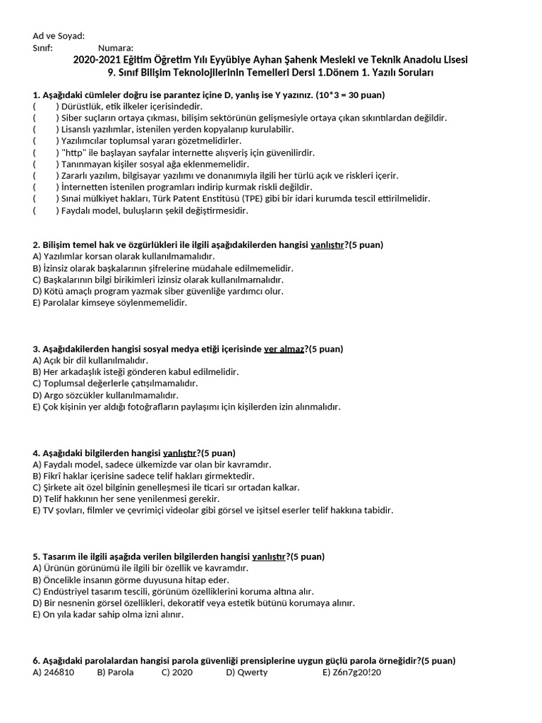 40 - 9-Btt 1. Dönem 1. Yazılı | PDF